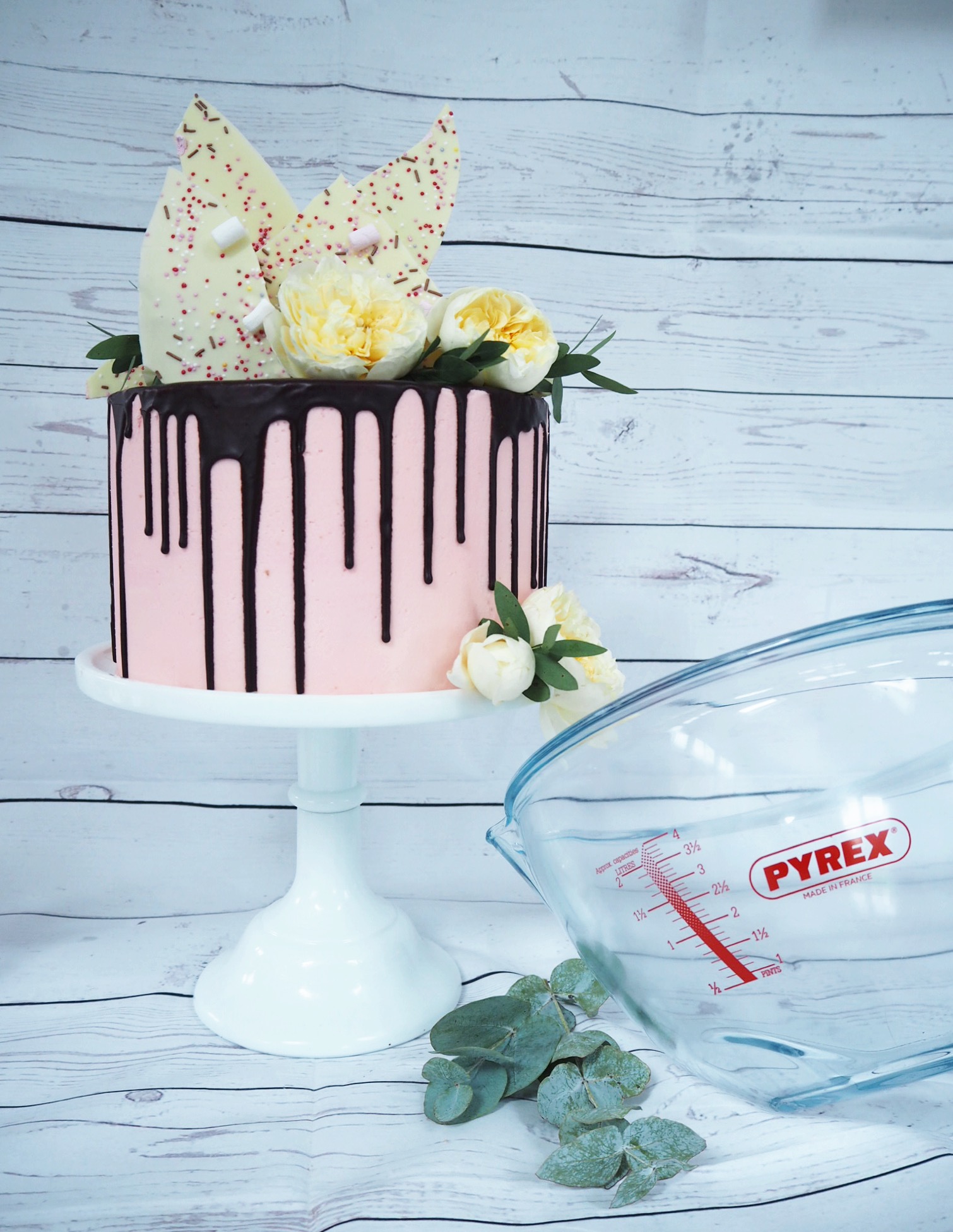 White Chocolate and Raspberry Drip Cake with Pyrex! – Hello Cake