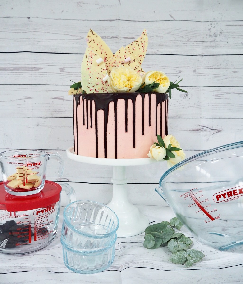 White Chocolate and Raspberry Drip Cake with Pyrex! – Hello Cake